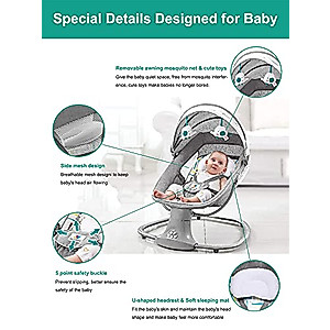 Baby Bouncer Baby Cradle Portable Swing Infant Motorized Adjustable Rocker with Bluetooth Music Speaker and 5 Swaying Gears Preset Lullabies and Smooth Remote Control (Grey)