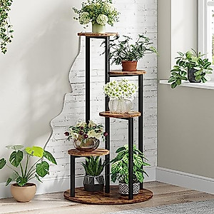LITTLE TREE 5-Tier Corner Plant Stand, Free Standing Wood Metal Flower Rack Pot Shelf Display with Round Board, Garden Patio Balcony Plant Holder for Indoor Outdoor Living Room, Bedroom, Rustic Brown