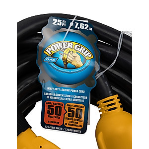 Camco Power Grip 25-Ft 50 Amp RV Extension Cord - Rated for 125/250 V/12,500 W - Features Copper 6/3 + 8/1-Gauge Wires for Superior Conductivity & Coated w/Heat-Resilient PVC (55542)
