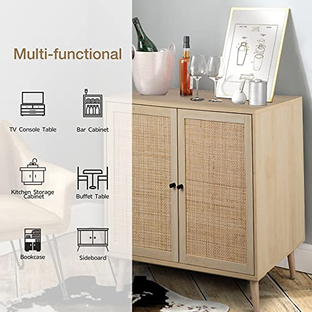 QHITTY Rattan Sideboard Buffet Cabinet, Accent Kitchen Storage Cabinet Console Table with Adjustable Shelves for Living Room, Dining Room, Bedroom (Natural)