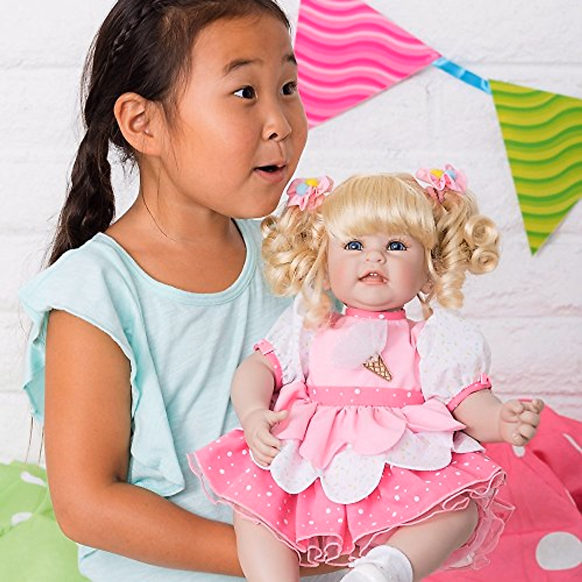 Adora Toddler Time Collection 20" Realistic Weighted Baby Doll with Handmade Pink and White Layered Petal Party Dress, Blue Eyes and Fresh Baby Powder Scent, Birthday Gift For Ages 6+ - Ice Cream