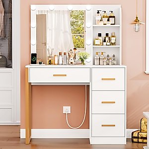 Quimoo Makeup Vanity Desk with Mirror & Lights, Vanity Desk with 4 Drawers & Power Outlet, Vanity Table with Open Storage Shelves, 3 Color Modes & Adjustable Brightness Dressing Table, Bedroom