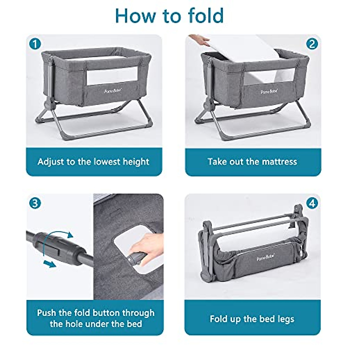 Pamo babe Bedside Bassinet for Baby Crib Quick One-Hand Folding Bedside Sleeper 4 Adjustable Heights Co-Sleeper