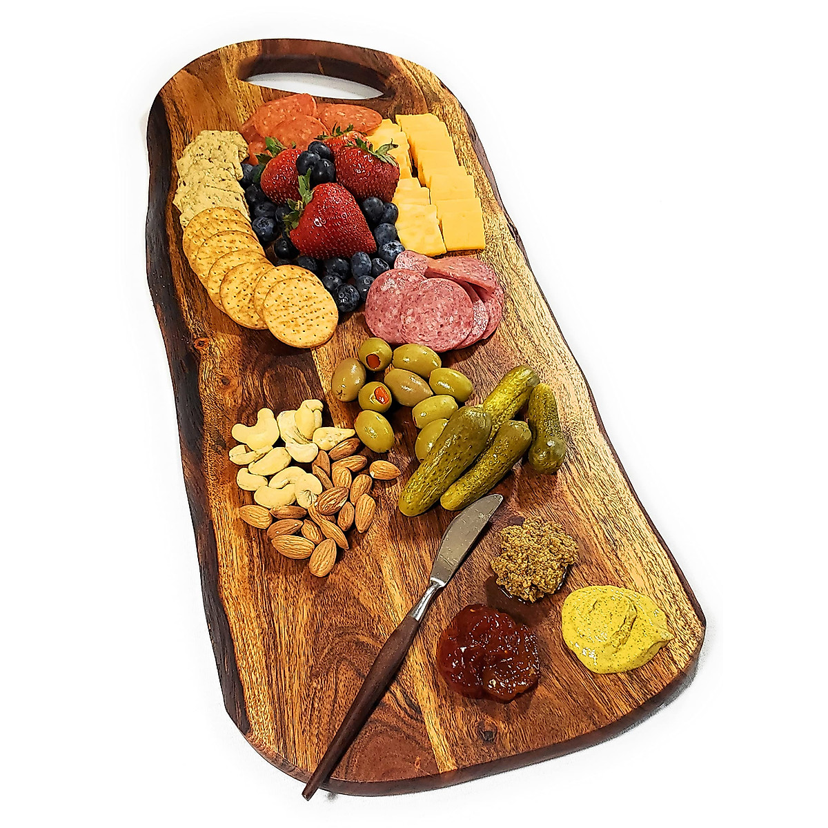 FEATHERLEE - Extra Large Premium Natural Live Edge Acacia Charcuterie Cheese Board Serving and Cutting Tray with Round Handle