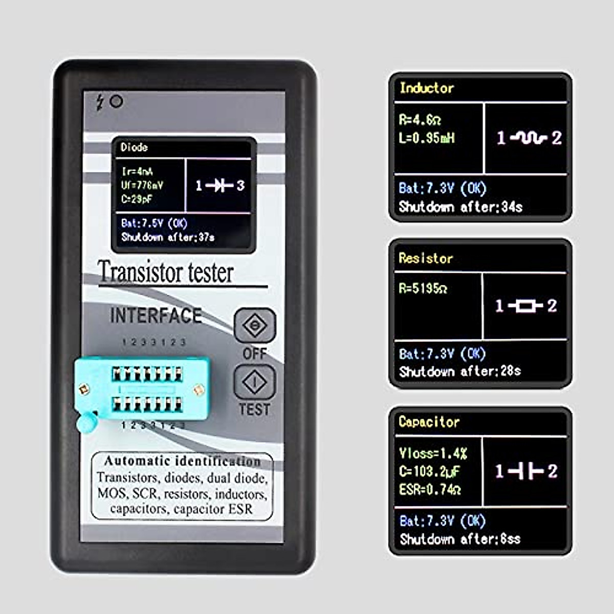 Aideepen Transistor Tester,Atmega328 Mosfet Automatic Checker Detector Capacitor Tester for NPN PNP Transistor Diode Resistor Inductor Capacitance MOS SCR LCR ESR