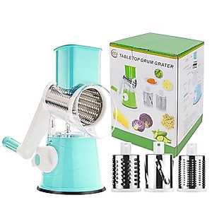 3rd Generation Rotary Cheese Grater, Mandoline Vegetable Slicer with 3 Replacement Blades, Easy to Clean Rotary Shredder for Fruit, Vegetables