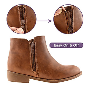 LseLom Girls Ankle Boots Low Heel Side Zipper Fall Winter Booties Outdoor Shoes for Little Kids/Big Kids PU Brown Size US 2