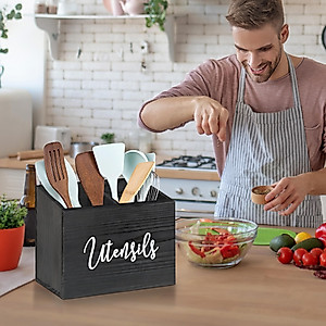 LADESIGGN Kitchen Utensil Holder with 2 Compartments, Farmhouse Kitchen Decor Utensil Holder, Rustic Silverware Utensil Caddy,Kitchen Countertop Organizer and Storage for Silverware Fork Spoon