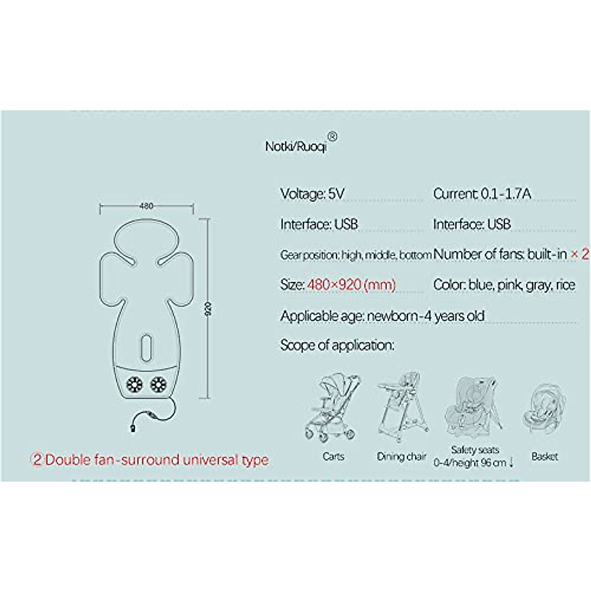 Pink Baby Seat Cooling Liner, Mesh Stroller Liner Infant Baby Cushion Pad Cool Seat for Stroller Safety Seat Dining Chair, with 2 Adjustable Fans and USB Powered
