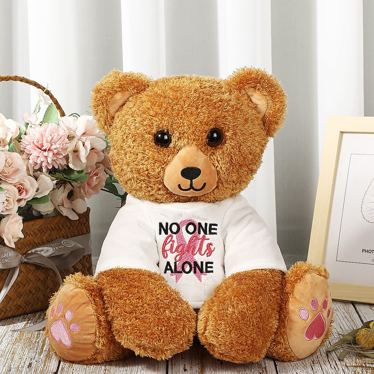 Chalyna Breast Cancer Stuffed Bear 16 Inch Plush Breast Cancer Awareness Bear Animal Pink Ribbon Bear Soft Cancer Survivor T Shirt Bear Breast Care Gift for Women