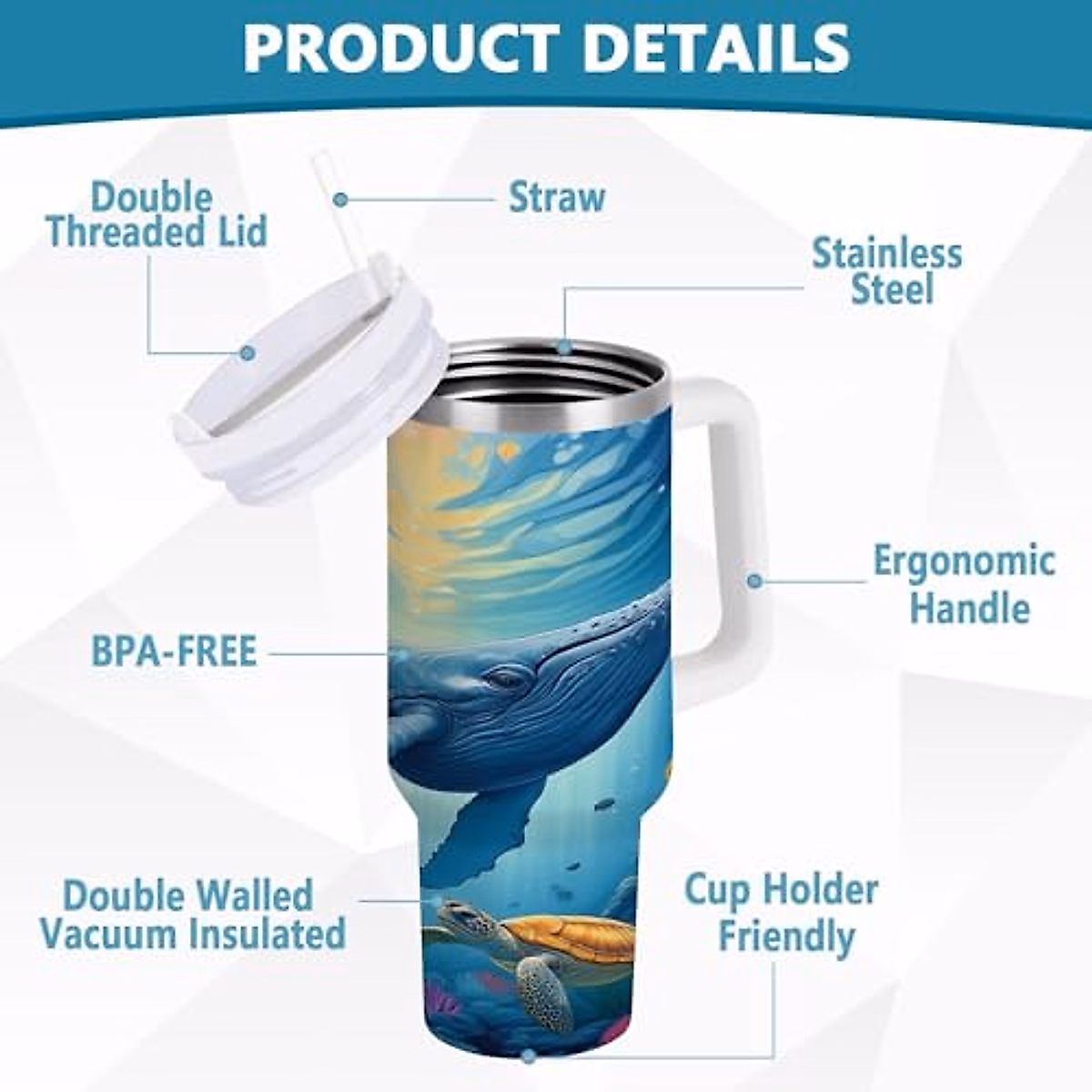 RPLIFE Underwater Scene Blue 40oz Tumbler with Handle, Stainless Steel Cups with Lid, Travel Coffee Tumbler