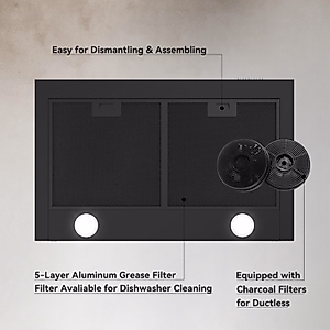 Hermitlux Range Hood 30 inch, Wall Mount Vent Hood for Kitchen with Charcoal Filter, Ducted/Ductless Convertible, Black