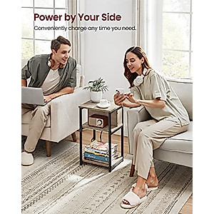VASAGLE Side Table with Charging Station, 3-Tier End Table with USB Ports and Outlets, Nightstand for Living Room, Bedroom, 11.8 x 13.4 x 22.8 Inches, Plug-in Series, Greige and Black ULET373B02