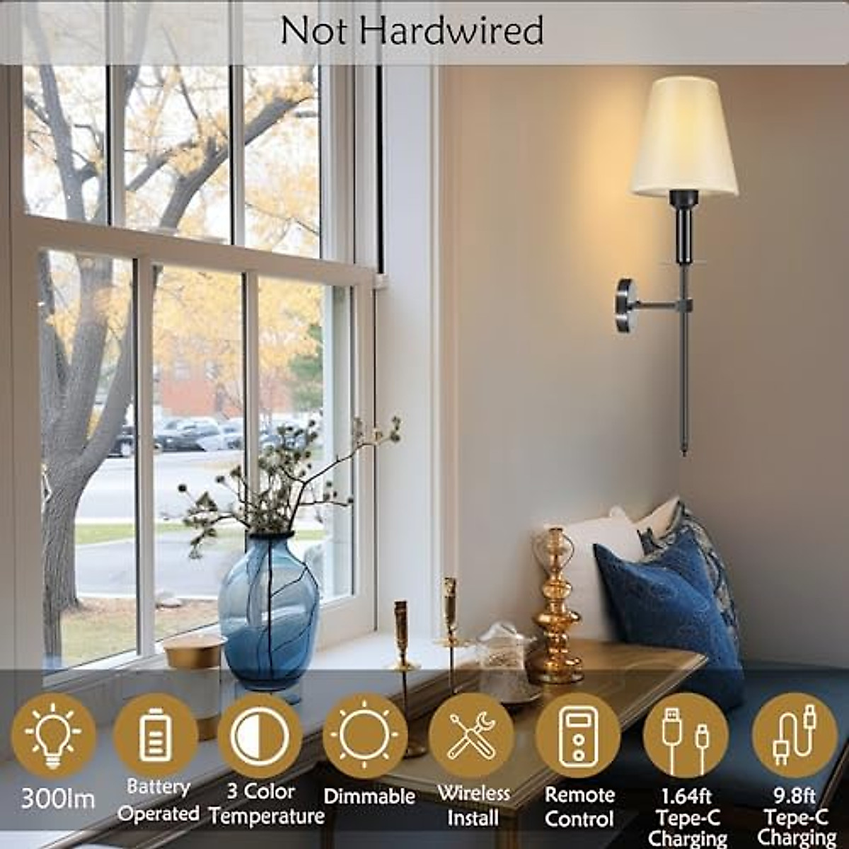 LAMPYLIFE Battery Operated Wall Sconce Set of 2 Two, Wireless Wall Sconces with Remote and Dimmable Detachable Bulbs, Rechargeable Battery Sconces Wall Decor for Bedroom Living Room Hallway (Black)