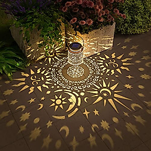 Gardencave 2 Pack Solar Lanterns Outdoor Hanging Solar Lights Decorative Waterproof Metal Sun Moon Star Solar Lantern for Patio Porch Yard Backyard Table Garden Decor (Gold, 2 Pack)