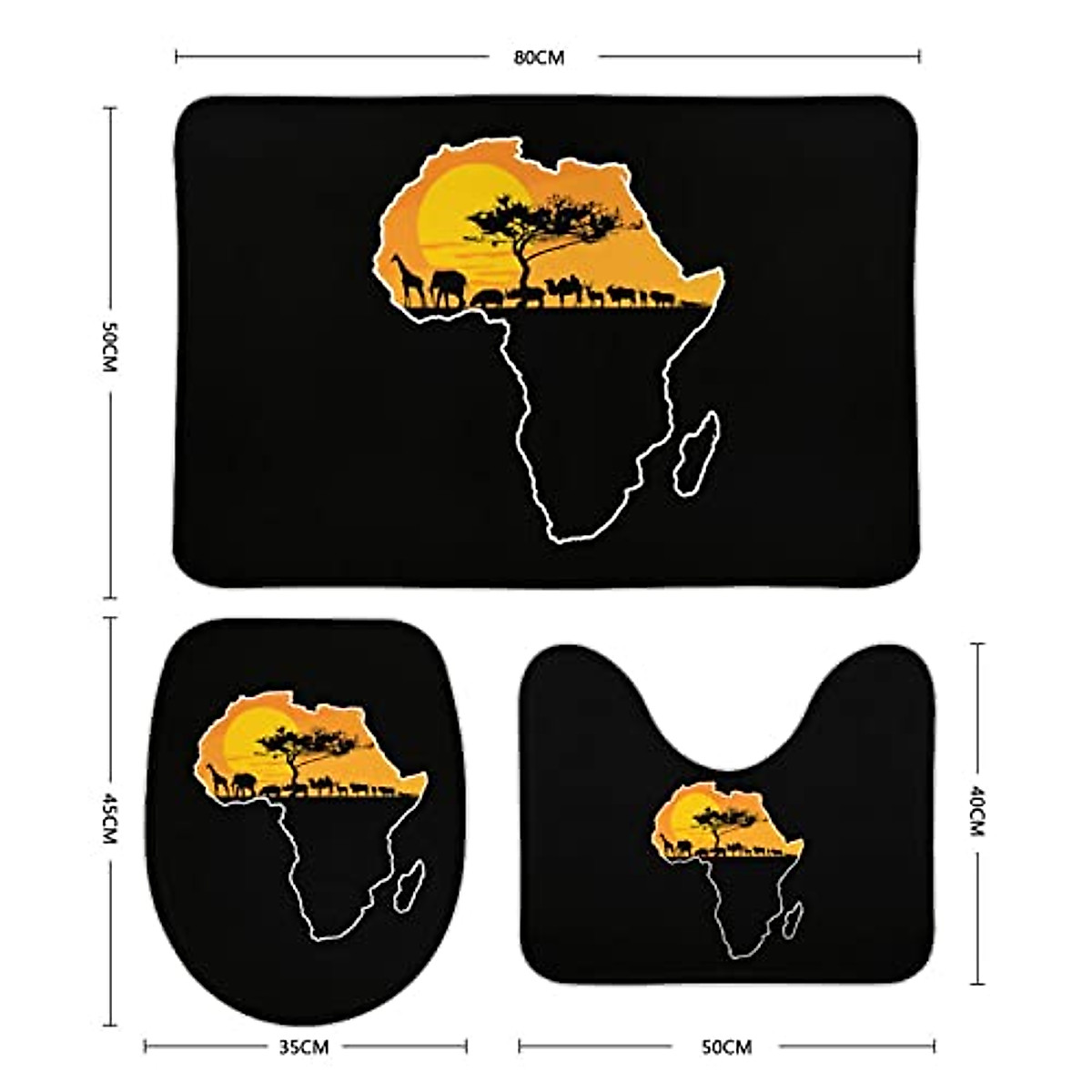 African Animals Over Map of Africa Bathroom Rugs Set 3 Piece Non-Slip Mat Rectangular Floor mat U Shaped Mat O Shaped Toilet Lid Cover 20"x32"