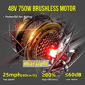 HOTEBIKE Electric Bike for Adult 750W Electric Mountain Bike 48V 13AH Removable Battery Ebike with Suspension Fork Aluminium Frame, Professional 21-Speed Gears 26"