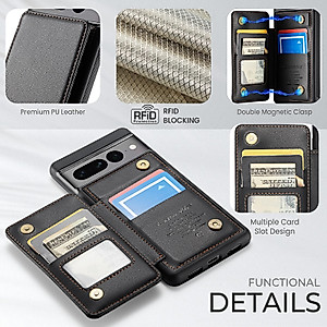 for Google Pixel 7 Pro Case with Card Holder, Wallet Case for Women Men with RFID Blocking, Durable Leather Kickstand Magnetic Clasp Shockproof Phone Case for Google Pixel 7 Pro (Black)