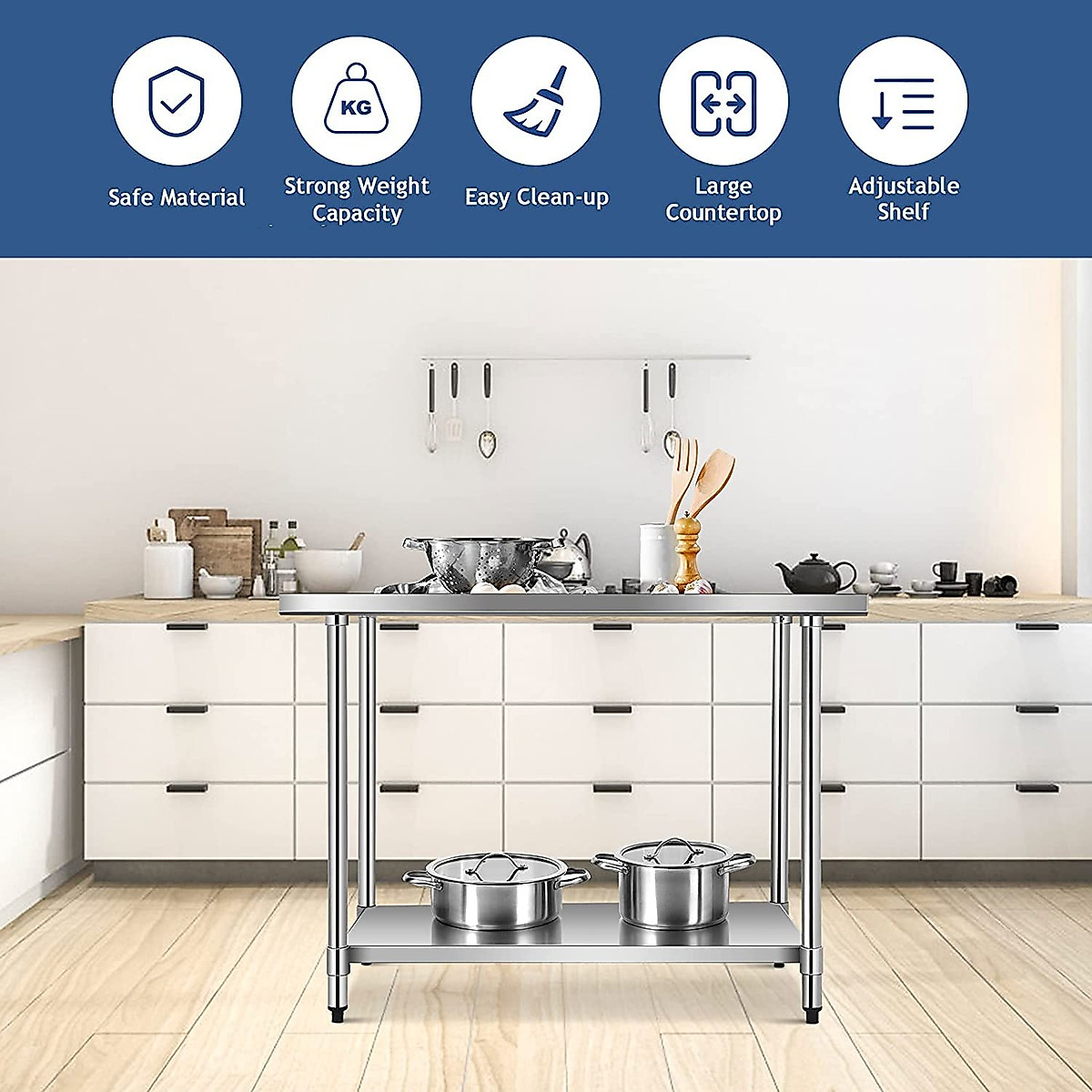 WATERJOY 48" x 30" Stainless Steel Table with Adjustable Shelf for Prep & Workstations Commercial Heavy Duty worktables
