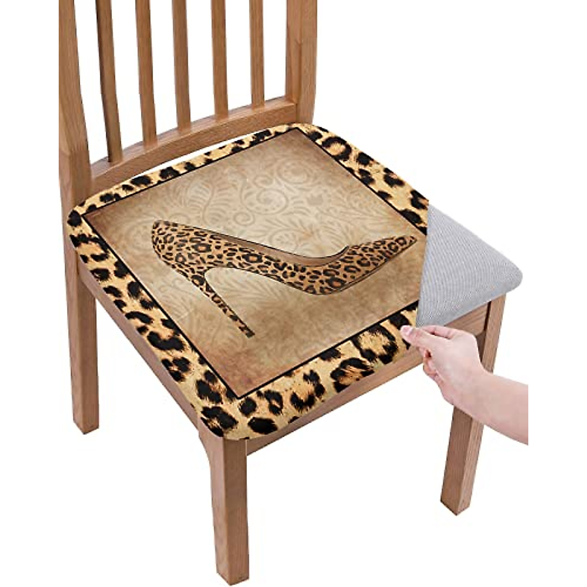 Stretch Chair Seat Cover-Set of 4, Sexy Leopard High Heel Shoe Kitchen Chair Slipcovers Washable Removable Cushion Protector for Dining Room Party Decor-Retro Wildlife Animal Skin