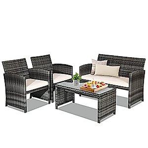 RELAX4LIFE 4-Piece Wicker Furniture Set - Hand-Woven PE Conversation Set with Cushions and Tempered Glass Coffee Table, Outdoor Rattan Sofas for Garden, Poolside, Backyard (White)
