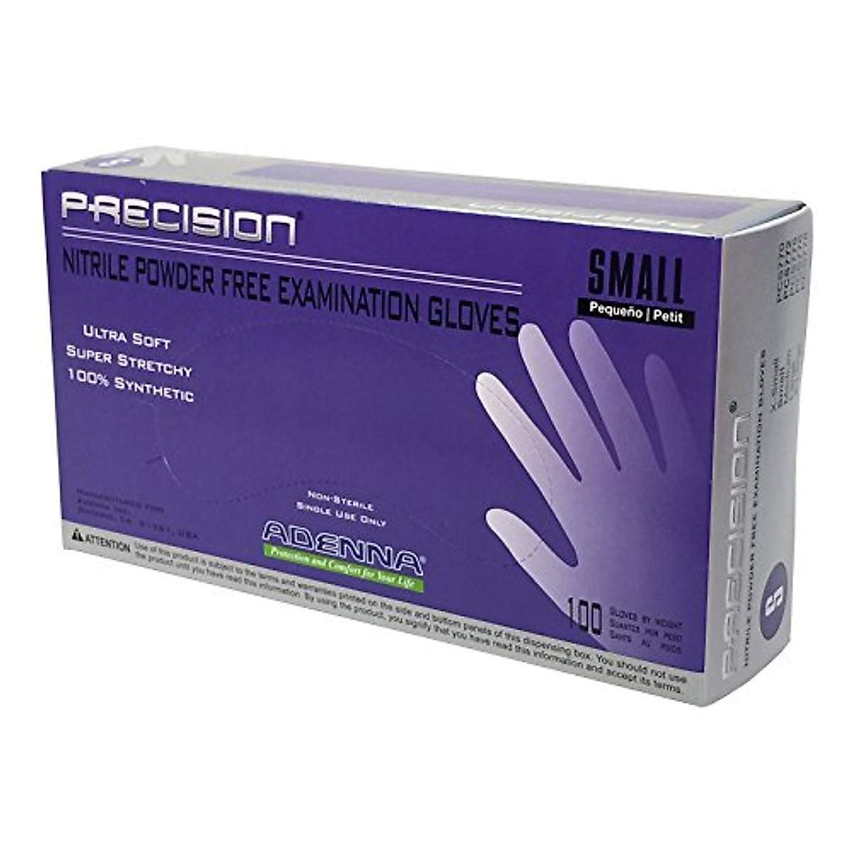 Adenna PCS772 Precision 4 mil Powder-Free Nitrile Exam Gloves, Medical Grade, Blue- Violet, Small, Box of 100