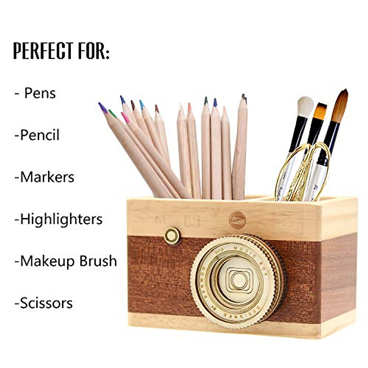 VOSTOR Zakka Camera Wooden Pencil Holder Desktop Pencil Holder Vintage Camera Decor Stationary Makeup Organizer Holder for Office Home, Back to School Gift For Photographers and Students