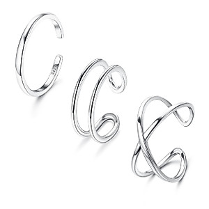 PATISORNA 3Pcs 925 Sterling Silver Open Adjustable Rings for Women Men Minimalist X Cross Arrow Heart Moon&Star Paperclip Rings Stackable Thumb Knuckle Simple Rings Set Size 6-9