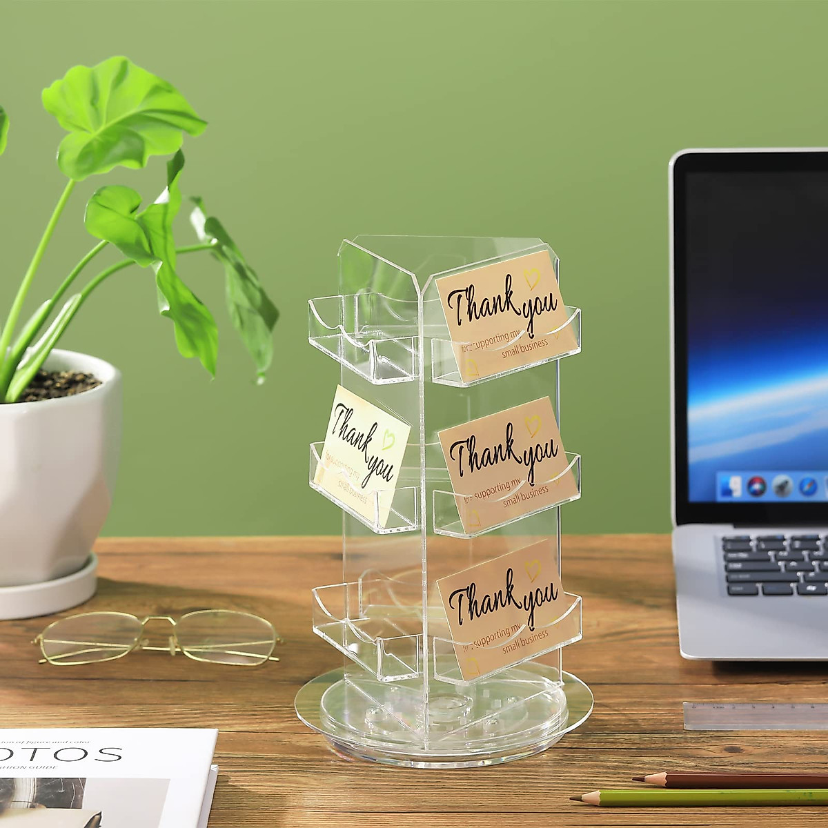 Spiareal Spinning Clear Business Card Holder Holds 3.5" x 2" Appointment Cards Rotating Display Stand Acrylic Stand 3 Tier Brochure Display Holder for Office Supply Home Desk(5.9 x 9.8 Inch)