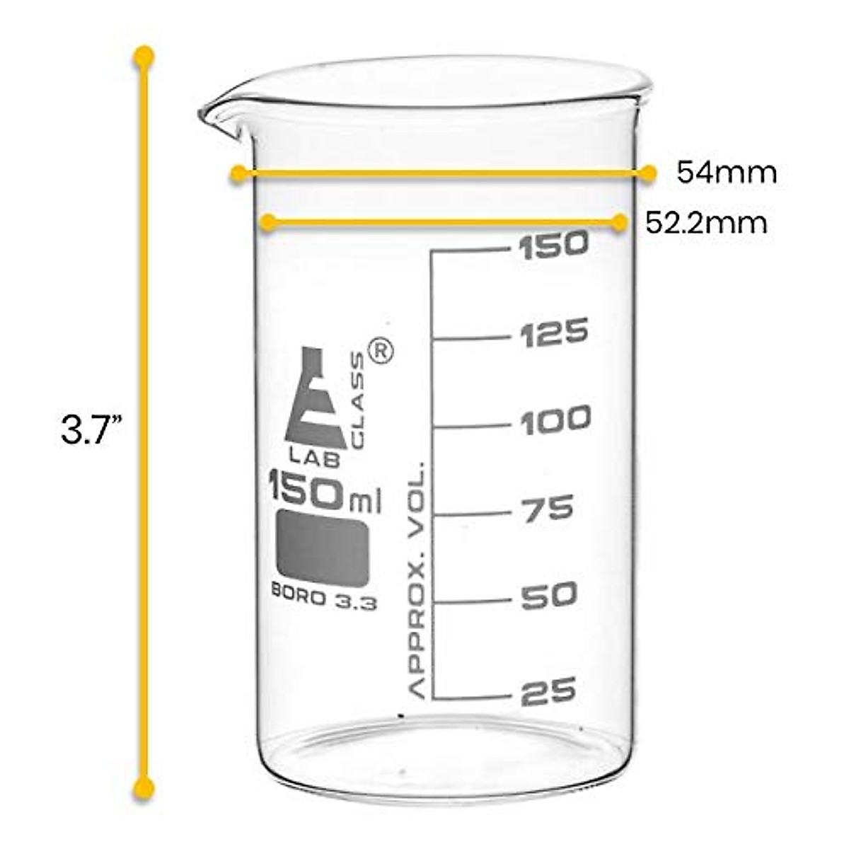 EISCO Beaker, 150ml - Tall Form with Spout - White, 25ml Graduations - Borosilicate 3.3 Glass