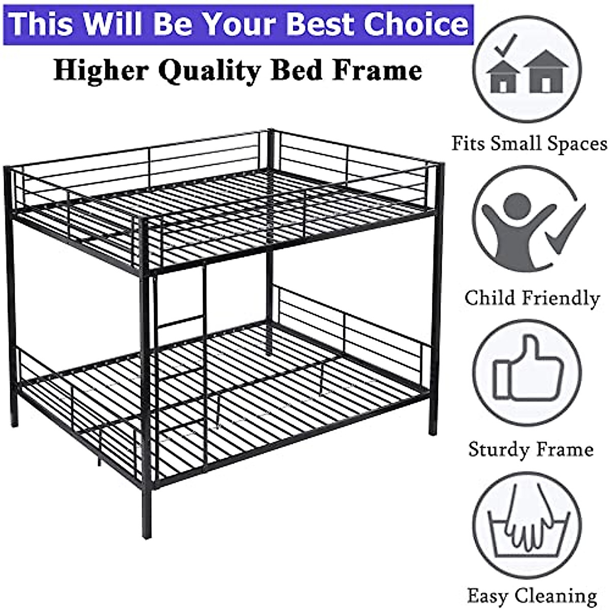 Queen Bunk Beds for Adults, Higher Quality Queen Over Queen Bunk Bed, Heavy Duty Metal Queen Bunk Bed Size for Adults and Kids, Modern Style Bunk Bed Queen Over Queen, Easy Assemble Space Saving