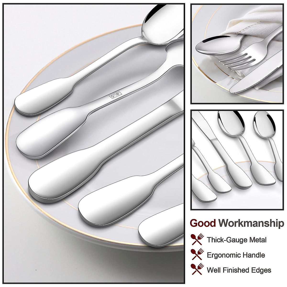40-Piece Silverware Set for 8, E-far Stainless Steel Flatware Cutlery Set with Design Handle, Modern Metal Tableware Eating Utensils for Kitchen Restaurant Wedding, Mirror Polish & Dishwasher Safe
