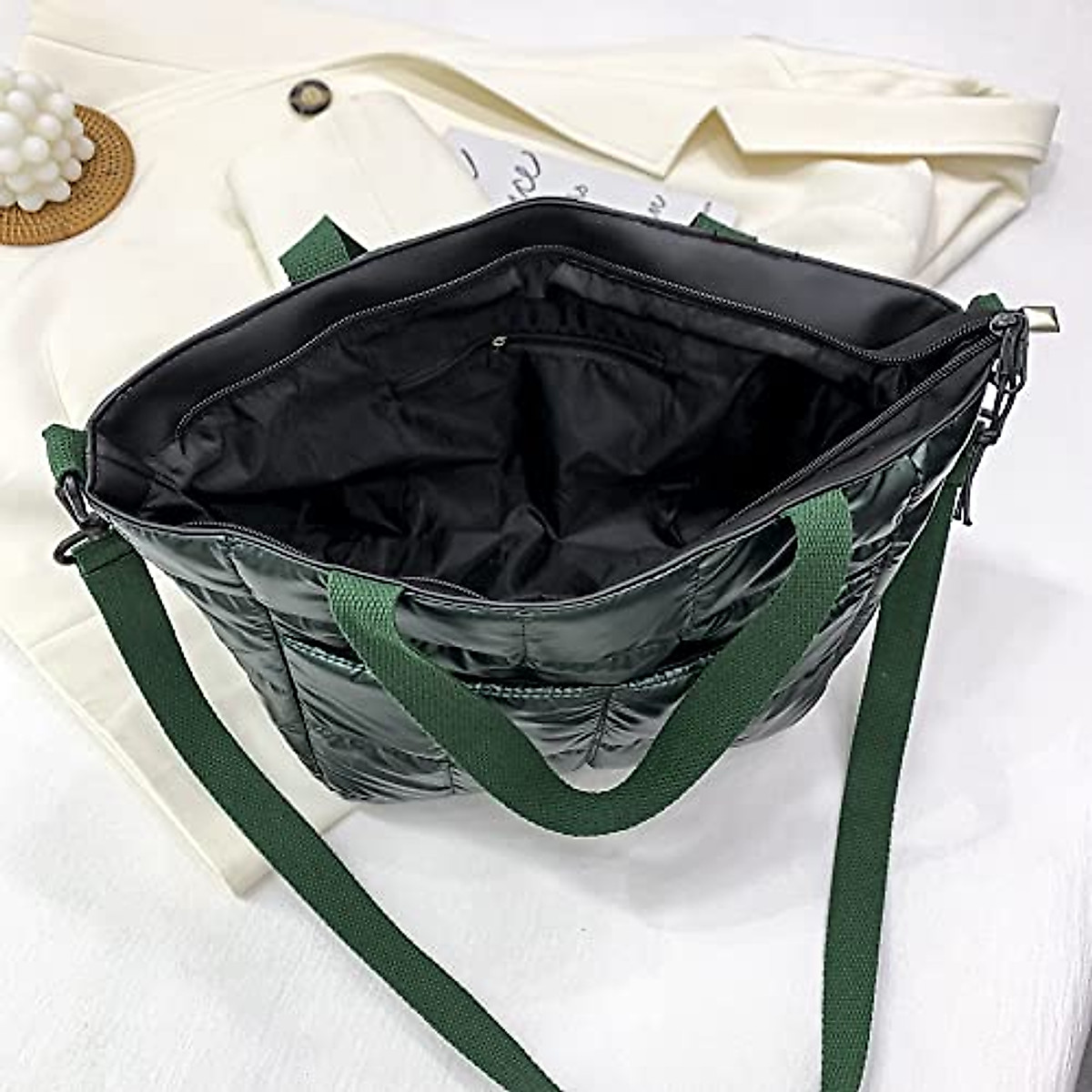 AZURAOKEY Puffer Tote Bag for Women, Quilted Cotton Padded Designer Handbag, Women Soft Lattice Pattern Shoulder Bag Underarm Bag Female Luxury Clutch Bag-Green