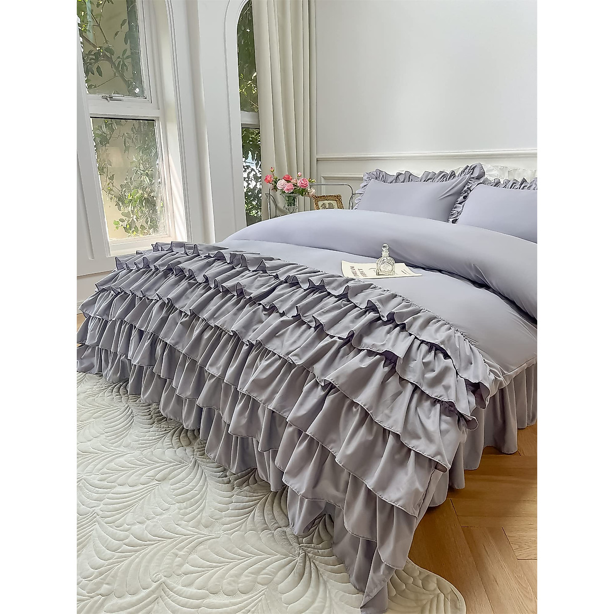 MOOWOO Waterfall Ruffle Duvet Cover Queen 3 Piece Shabby Chic Bedding Solid Color Soft and Breathable with Zipper Closure & Corner Ties (Gray, Queen)
