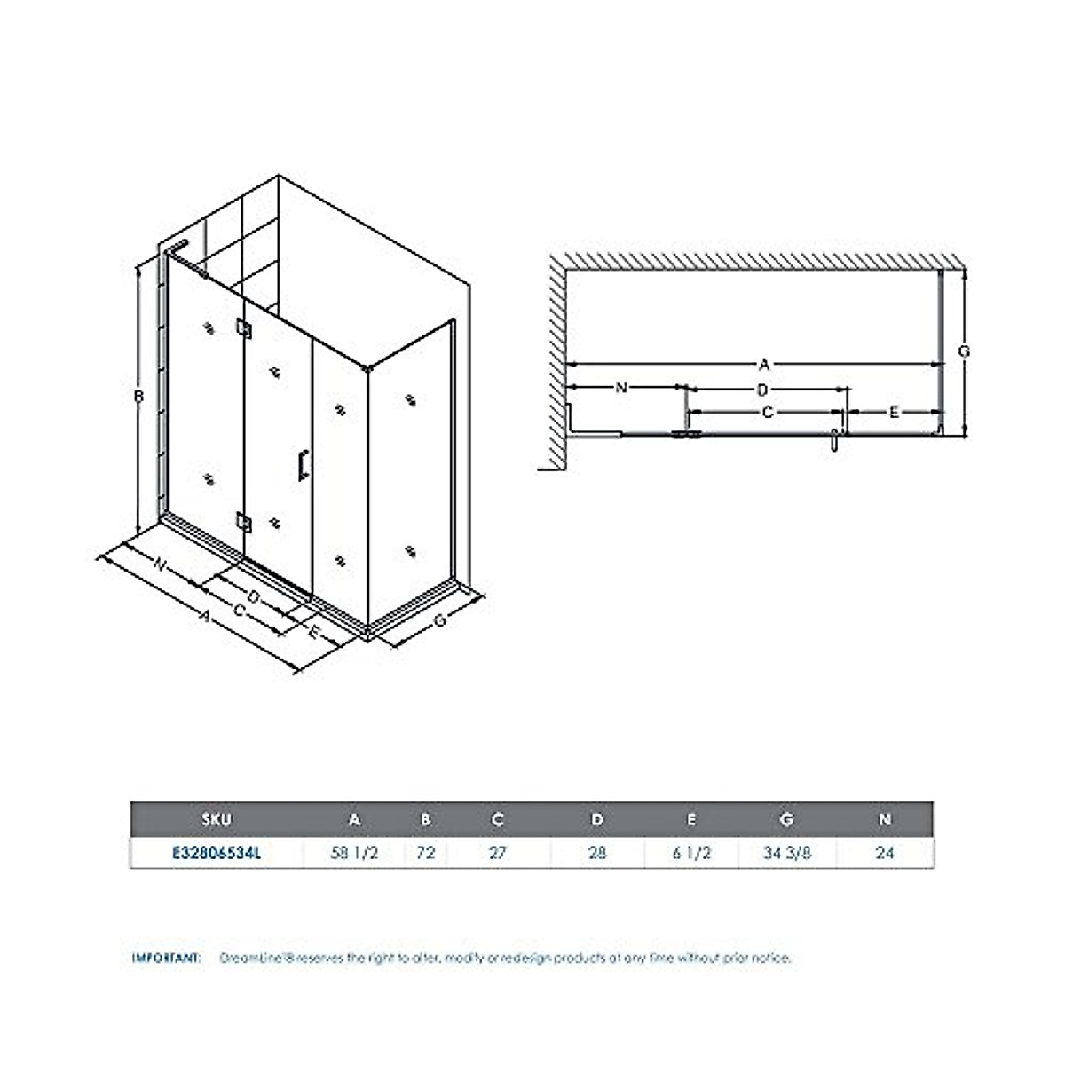DreamLine Unidoor-X 58 1/2 in. W x 34 3/8 in. D x 72 in. H Frameless Hinged Shower Enclosure in Chrome, E32806534L-01