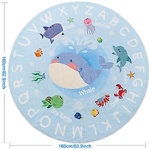 Soft Round ABC Rug for Kids Room,5.2 ft Washable Circle Nursery Rug,Non-Slip Whale Alphabet Baby Kids Rug Carpet for Nursery Playroom Bedroom Kids Room Decor