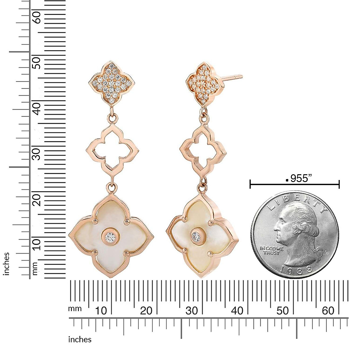 Mother of Pearl and Cubic Zirconia Three Flower Drop Dangle Earrings for Women I Rose Gold Plated 925 Sterling Silver Earrings for Her I Push Back Earrings by Lavari Jewelers