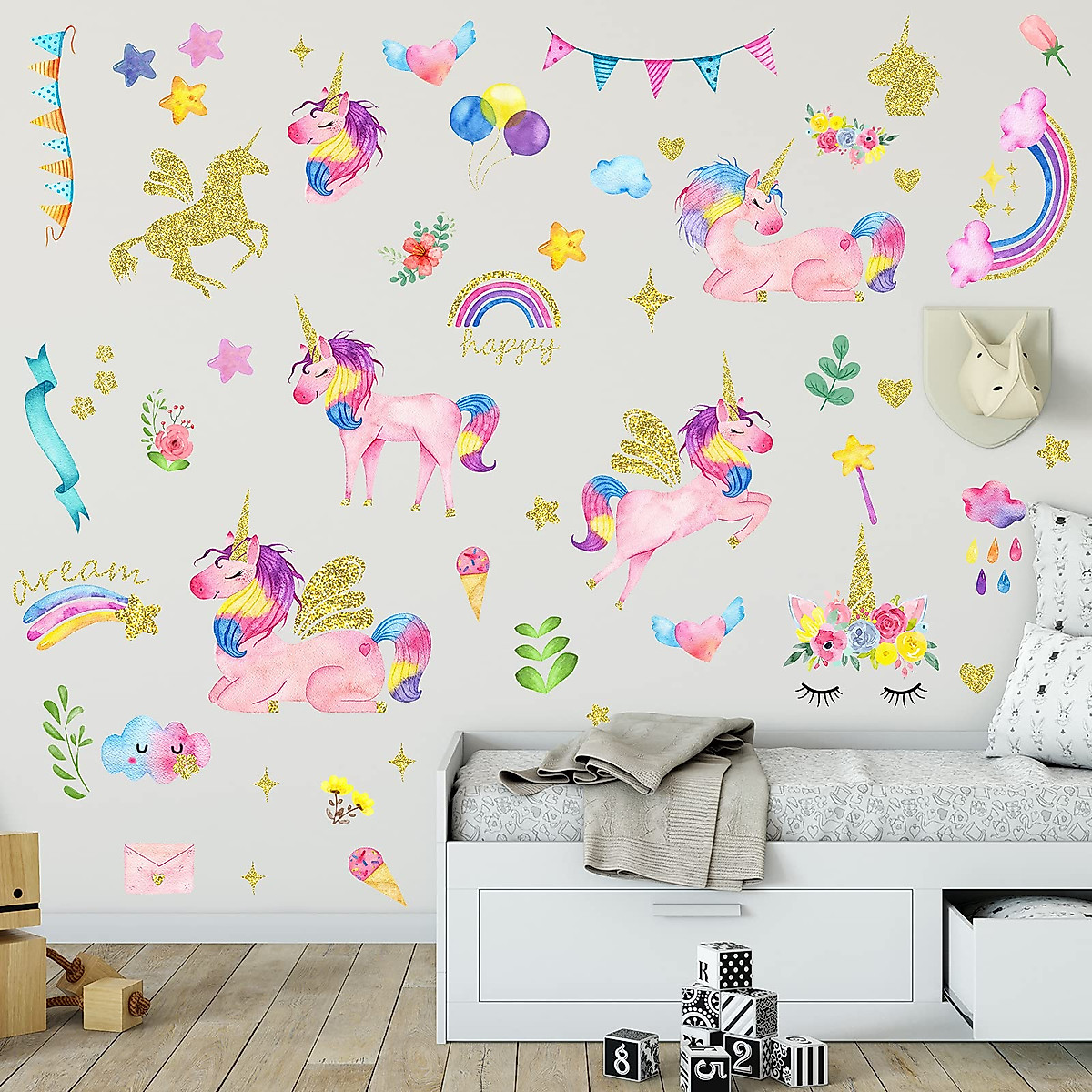 4 Sheets Glow in The Dark Unicorn Decals Glowing Moon Star Rainbow and Castle Wall Stickers Luminous Unicorn Peel and Stick Wall Art Decor for Kids Girls Bedroom Ceiling Birthday Party Nursery