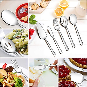 Homikit 5-Piece Silverware Serving Utensils Set, Stainless Steel Square Flatware Hostess Set Include Pie Server Serving Spoons Butter Knife Serving Fork, Dishwasher Safe, Mirror Polished