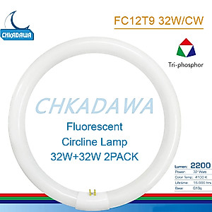 CHKADAWA FC12T9/CW 32W Cool White Round Fluorescent Light Bulb, 12 Inch T9 32 Watts Circular Bulbs, 12'' FCL 32 Circline Bulb 4100K 841, G10q 4 Pin Prong Base, 2 Pack