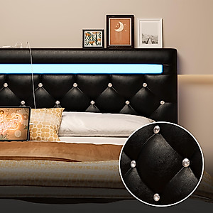 LIKIMIO Full Size Bed Frame with LED Light, PU Leather Platform Bed Frame with 4 Drawers, Adjustable Crystal Button Tufted Headboard, No Box Spring Needed, Black