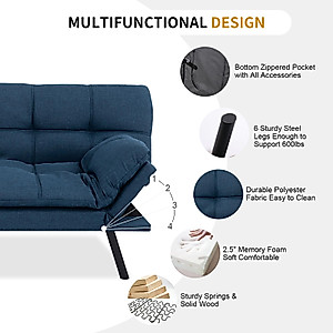 MUUEGM Convertible Futon Sofa Bed, Modern Couch Foldable Linen Memory Foam Couch Sleeper bed with Armrest and Backrest Adjustable Full Size Recliner for Living Room Office Sofabed,71" Blue