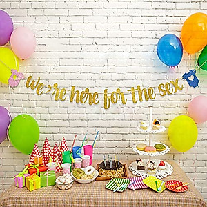 T-minimalist We're Here for The Sex Banner, Funny Baby Gender Reveal Party Decorations, Baby Shower Party Hanging Decors Supplies, Gold Gliter Paper Garland / Cute Baby Clothes Sign Banner 11.7 Feet