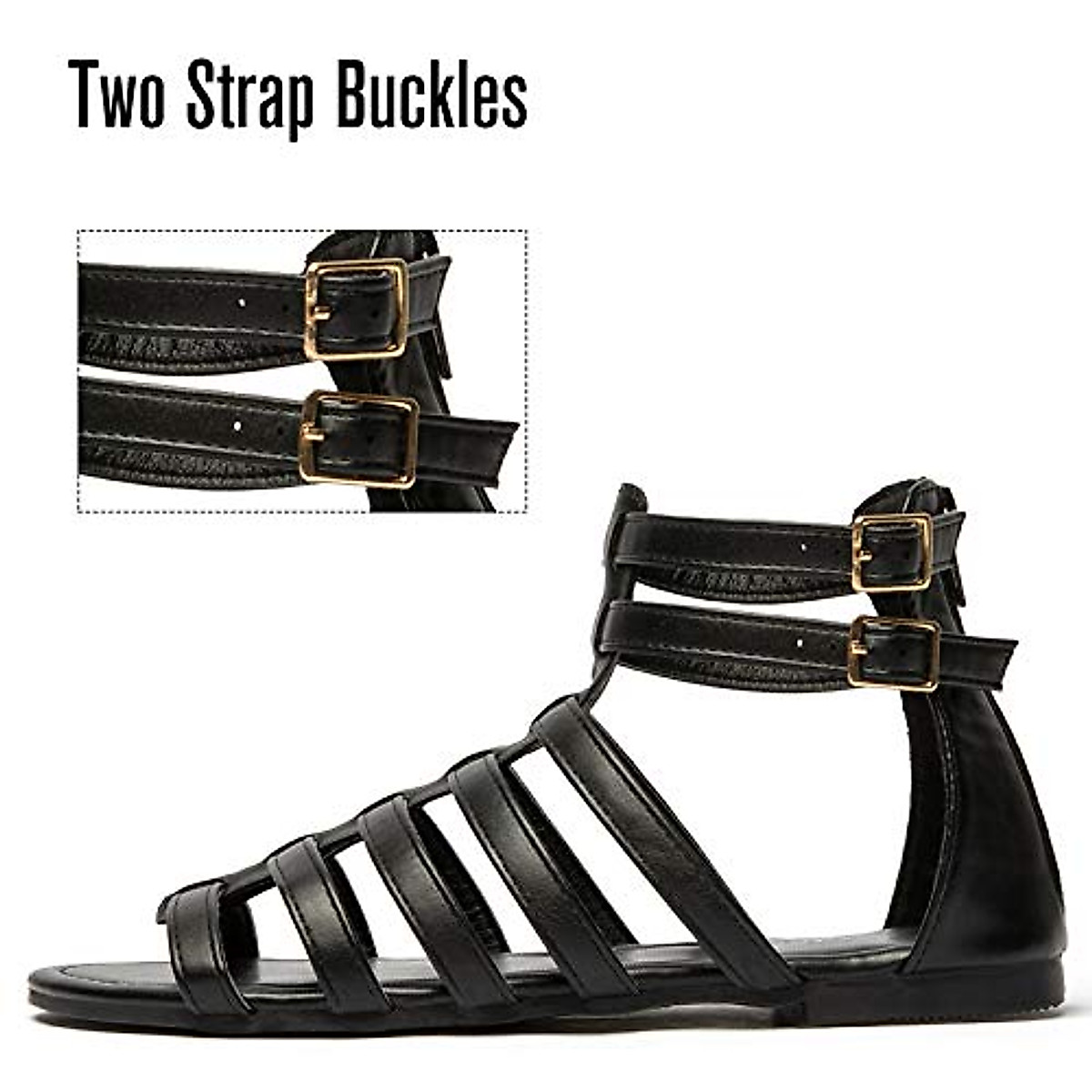 katliu Womens Gladiator Sandals Strap Sandal Two Ankle Buckle Open Toe Summer Flat Zipper Gladiator Sandal Black 6