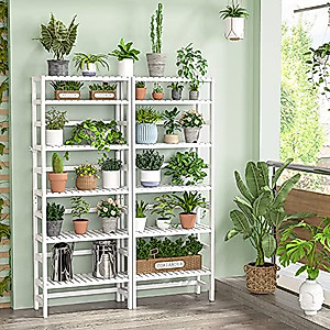 Homykic Bookshelf, 6-Tier Bamboo Adjustable 63.4” Tall Bookcase Book Shelf Organizer Free Standing Storage Shelving Unit for Living Room, Kitchen, Bedroom, Bathroom, Office, Rust Resistance, White