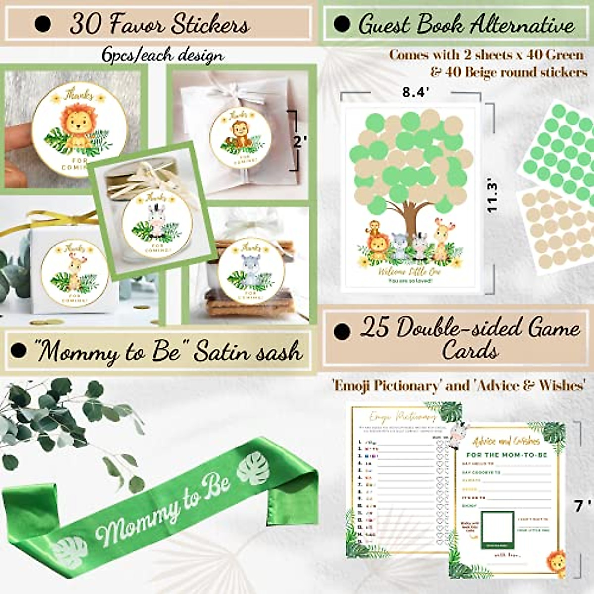 Premium Safari Baby Shower Decorations for Boy Jungle Theme Baby Shower Decor - Banner, Animal Cutouts, Balloons, Paper Decorations, Guest Book, Leaves, Games, Sash - Jungle Baby Shower Decorations