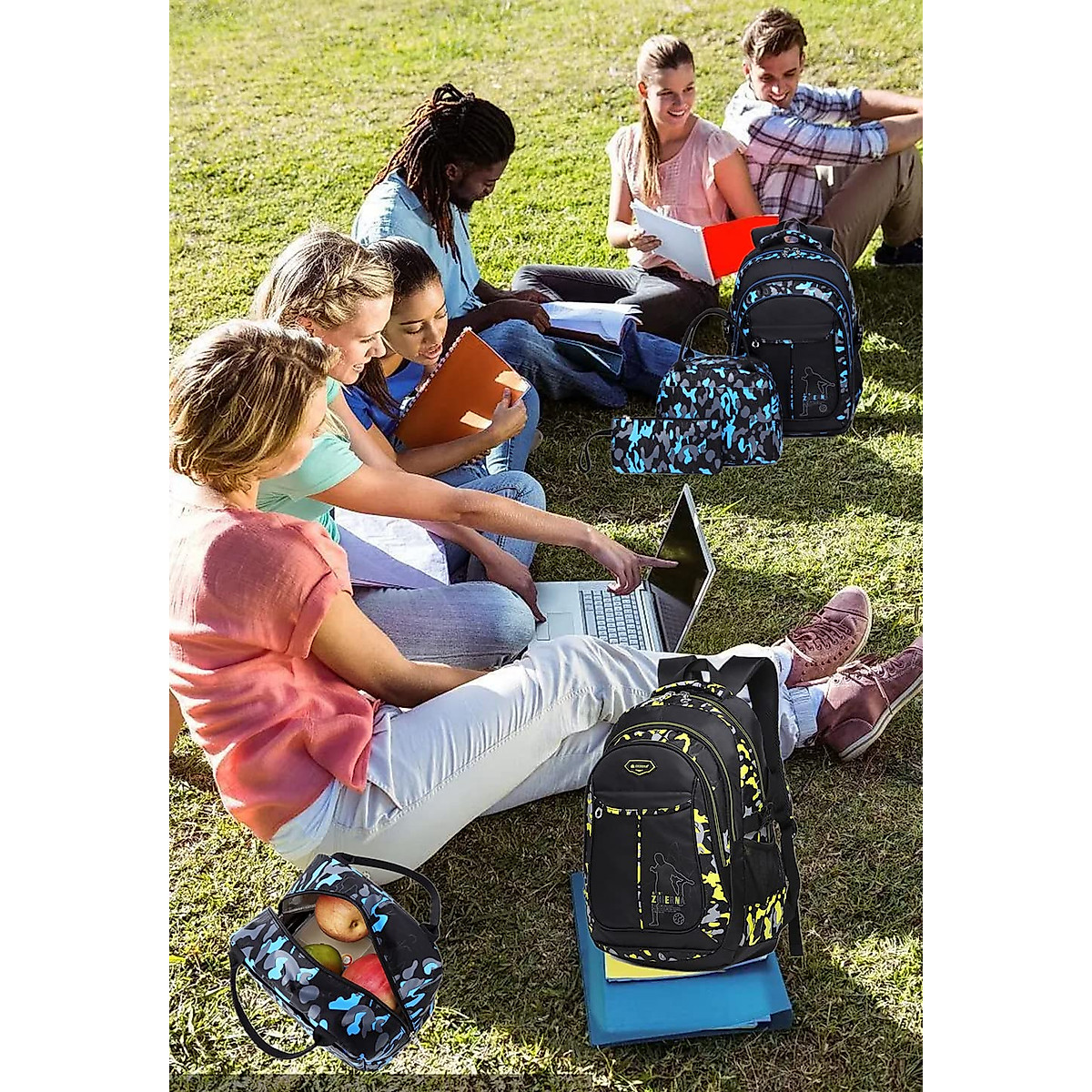 Camo-Print Primary School Backpack and Lunch-Bag Set for Boys Camouflage Elementary Bookbag Rucksack Waterproof