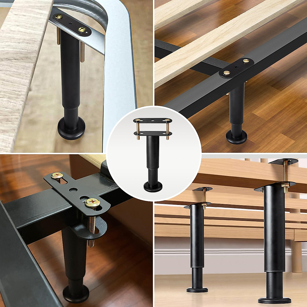 ZhouDaShu Adjustable Height Bed Frame Center Support Legs Replacement with Wider Base,Bed Reinforcement Kit for Metal/Wood Slats,Height from 5" to 9",Black-Set of 2