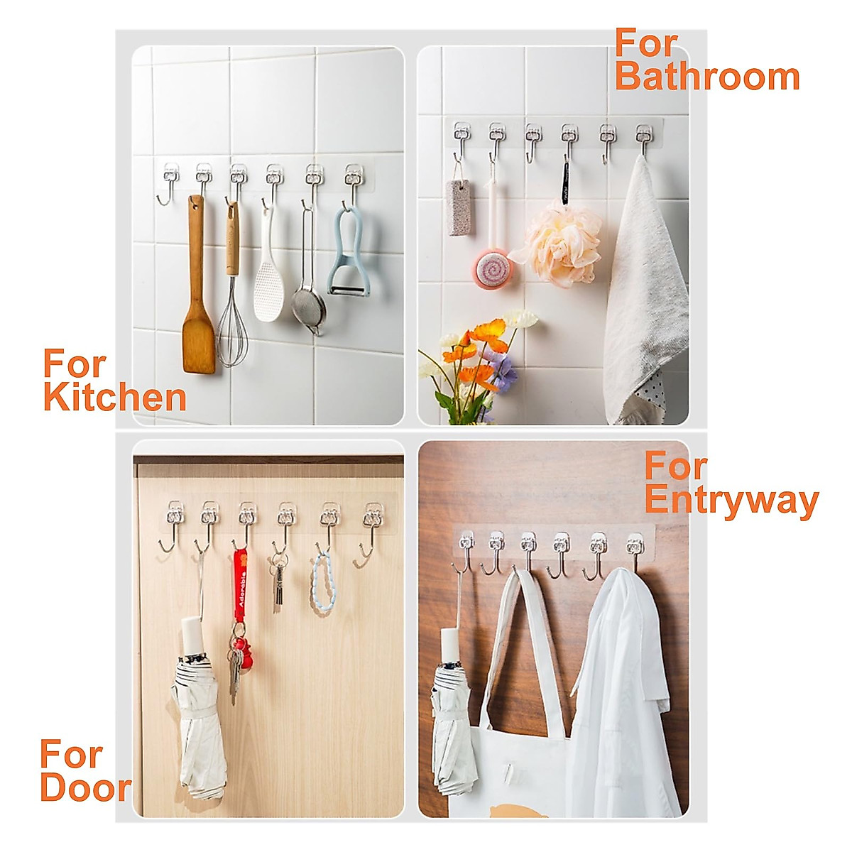 Venupple Adhesive Coat Rack with 6 Hooks, 4 Packs Heavy Duty Wall Hook for Hanging Coat Hat Towel Purse Robes Keys Mudroom Bathroom Entryway, Coat Hooks