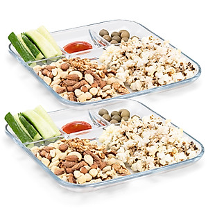 Navaris Glass Divided Plates (Set of 2) - 4 Section Divider Snack Plate for Adults, Serving, Portion Control - Square Clear Platter with Food Dividers